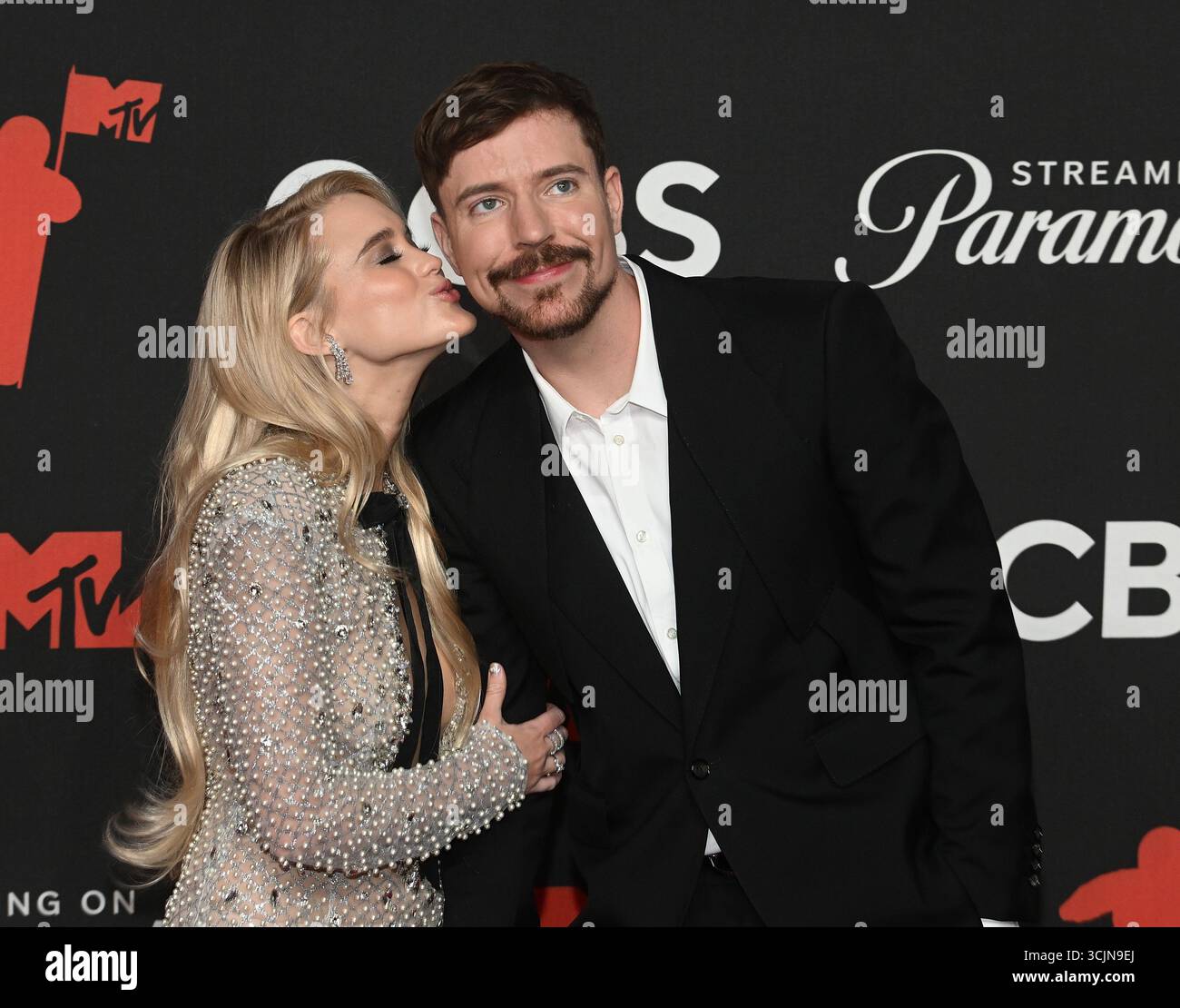 Thea Booysen and MrBeast attend the 2025 MTV Video Music Awards at UBS ...