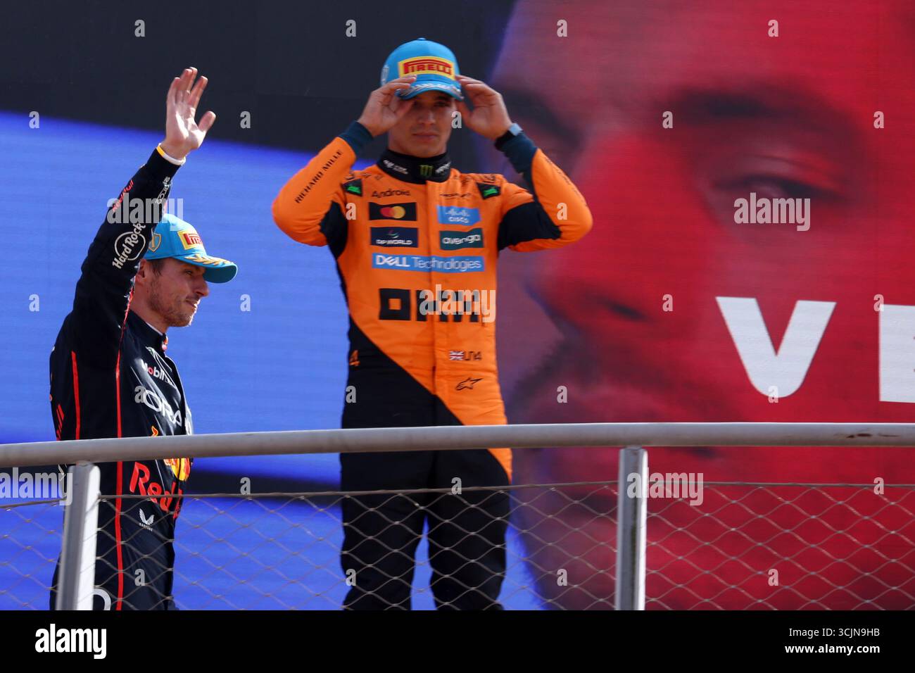 Max Verstappen of Red Bull Racing greets the fans at the end of the F1 ...