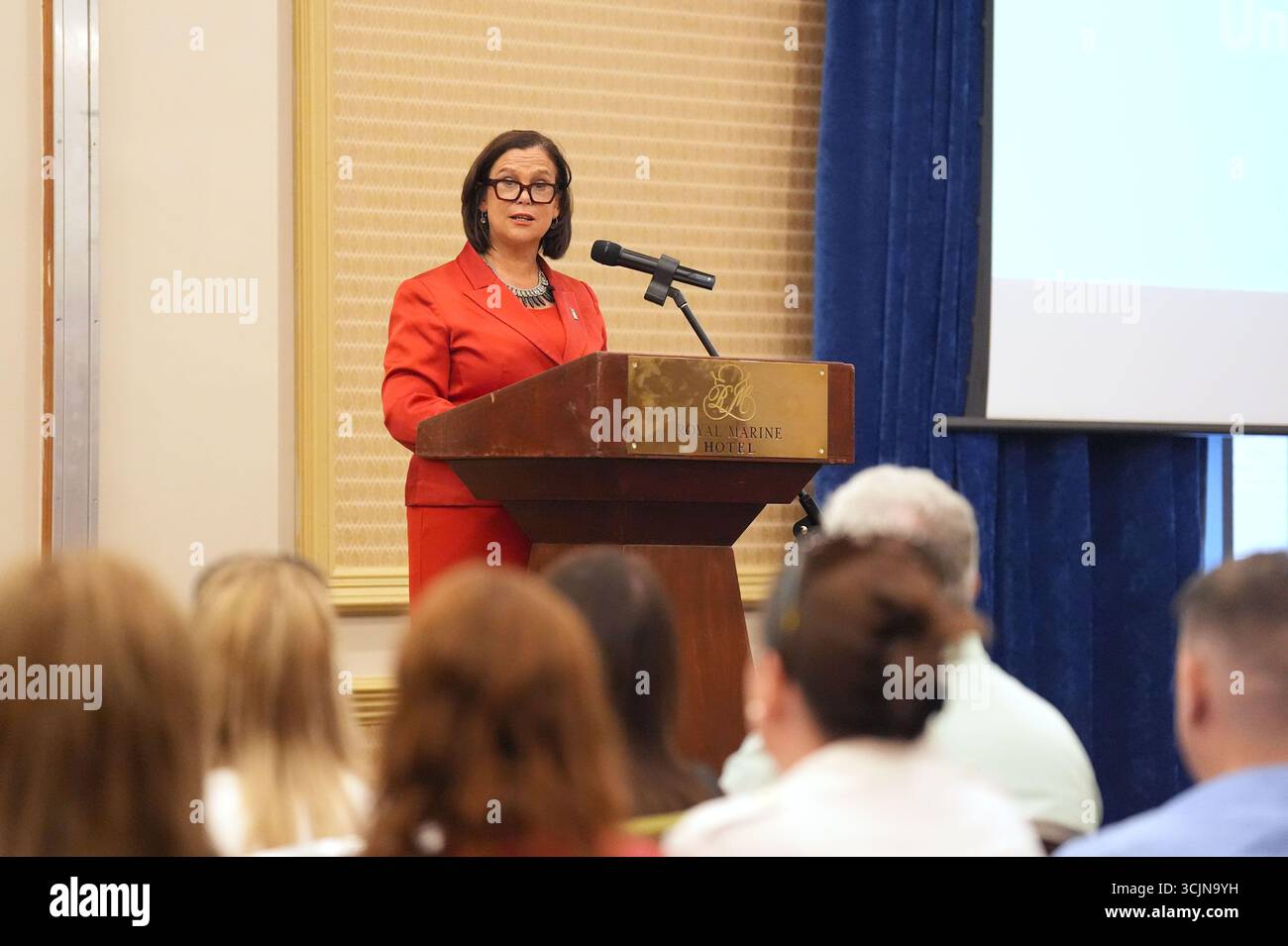 Sinn Fein leader Mary Lou McDonald speaking to her parliamentary party ...