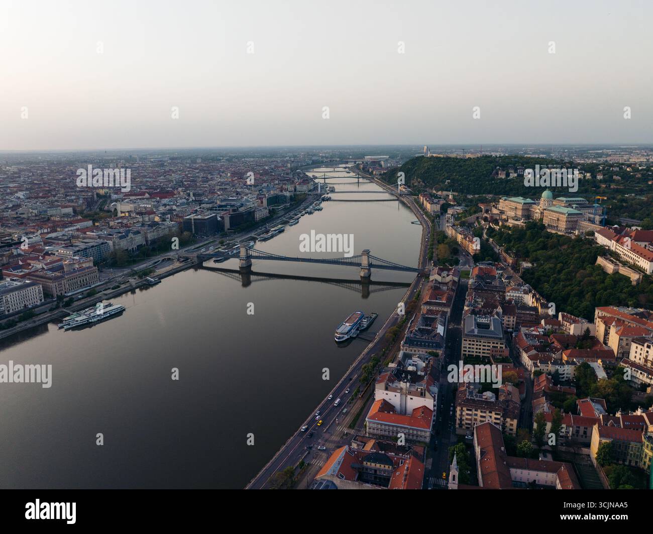 Aerial view of the iconic Széchenyi Chain Bridge reflecting in the ...