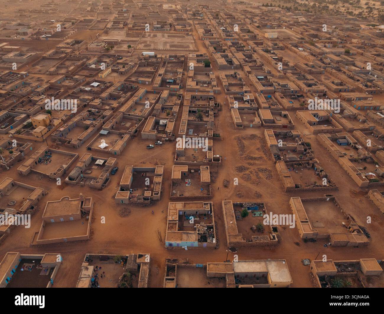Aerial view of the ancient town's mud-brick buildings and sandy streets ...