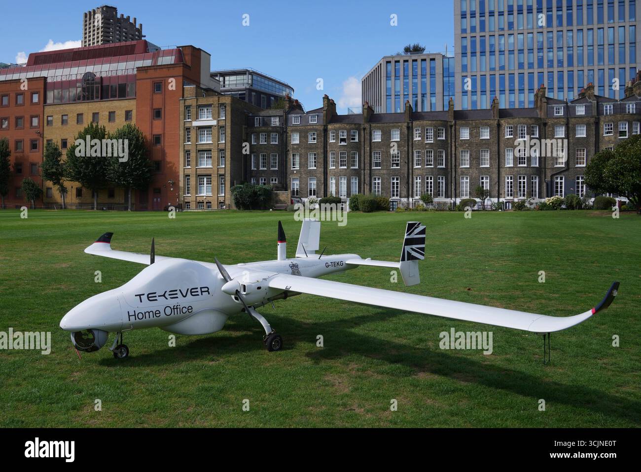A drone of G-TEKG's Tekever AR5 Evolution Mk.2 is displayed during the ...