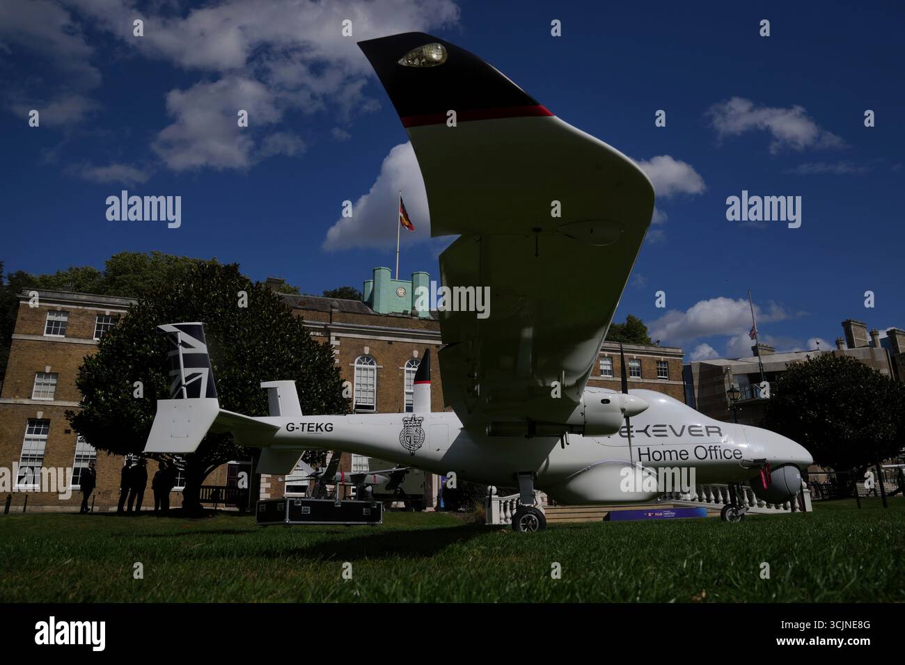A drone of G-TEKG's Tekever AR5 Evolution Mk.2 is displayed during the ...
