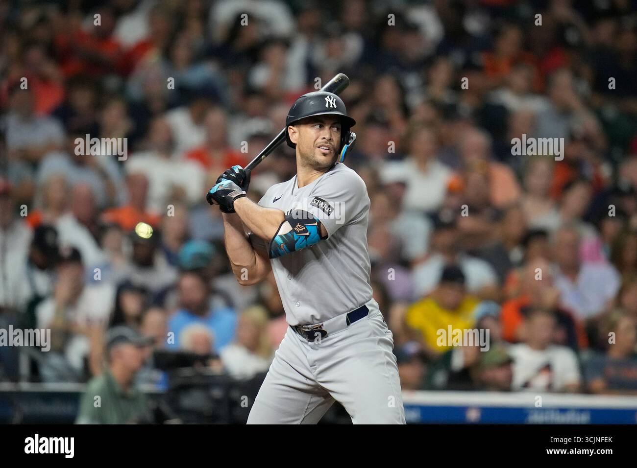 New York Yankees left fielder Giancarlo Stanton at bat against Houston ...