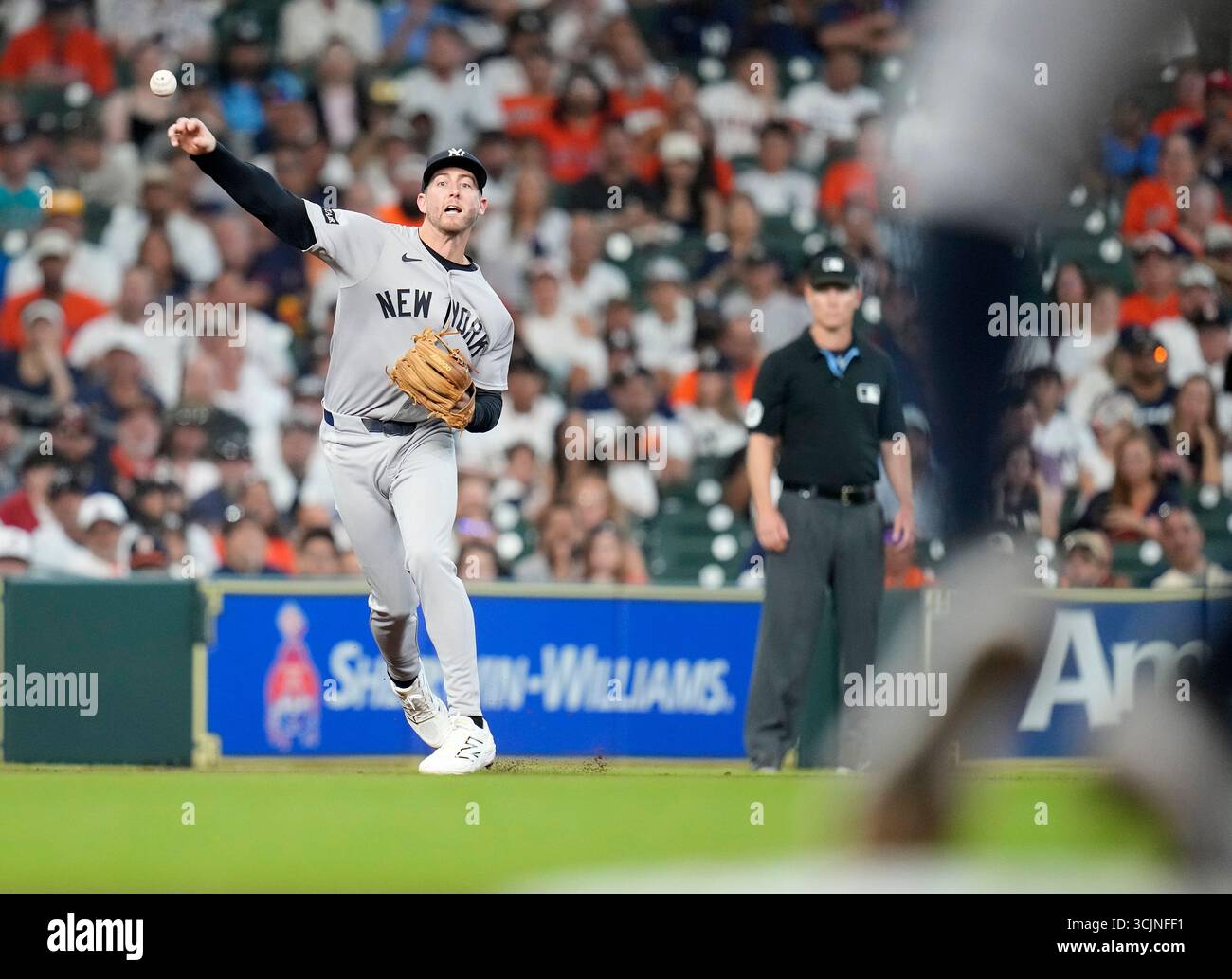 New York Yankees third baseman Ryan McMahon makes the throw to first as ...