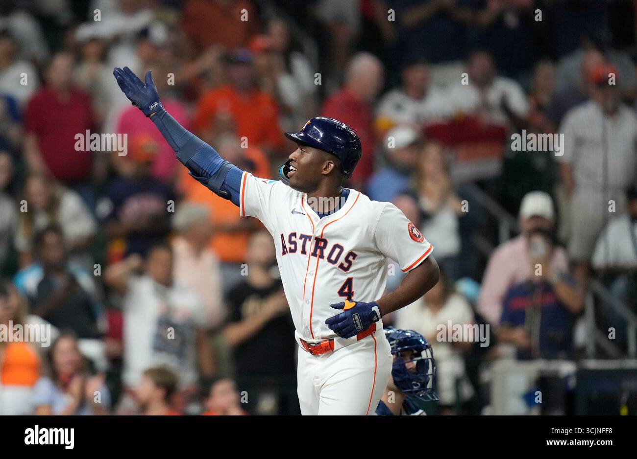 Houston Astros' Jesus Sanchez (4) celebrates his home run against New ...