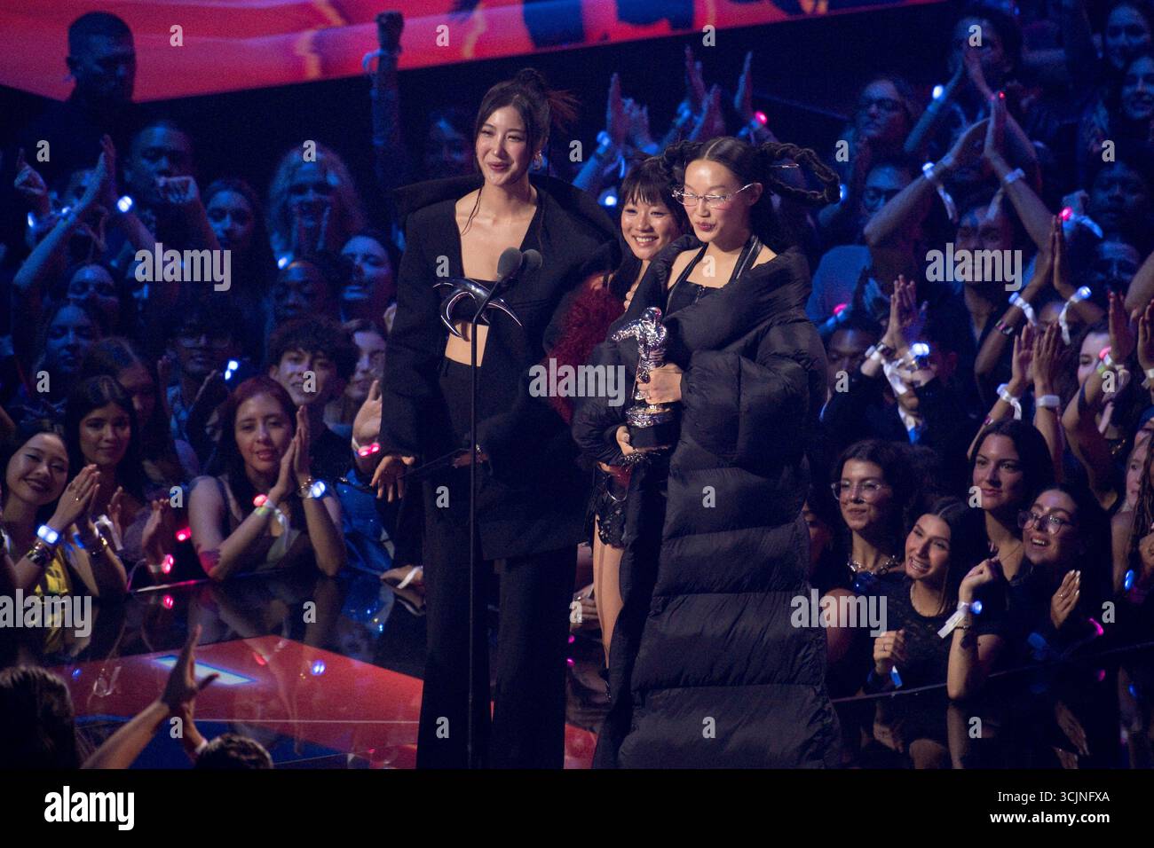 (L-R) EJAE, REI AMI and Audrey Nuna speak on stage during the 2025 MTV ...