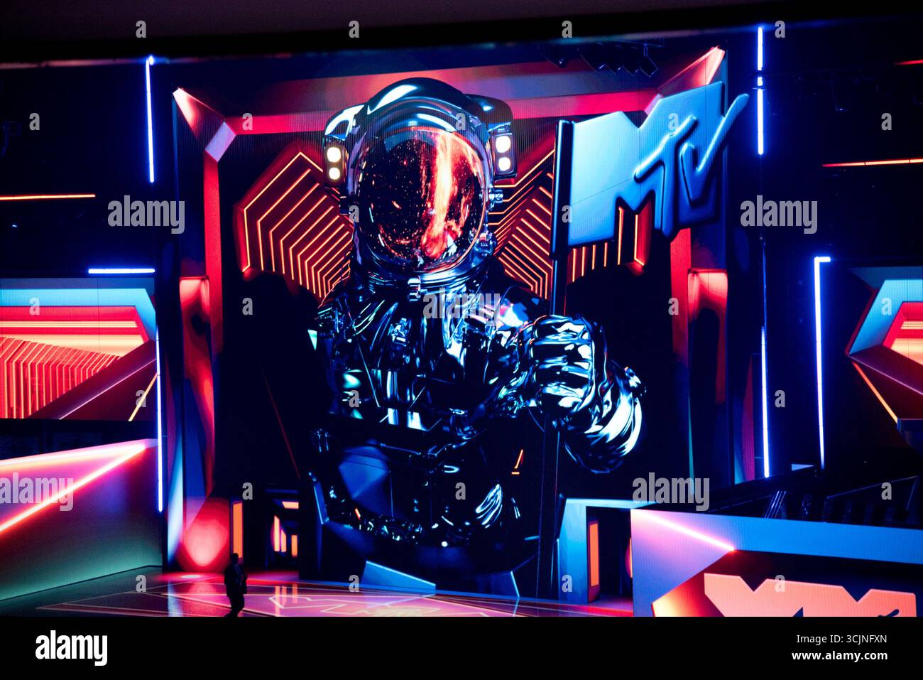 MTV signage is displayed on stage during the 2025 MTV Video Music ...