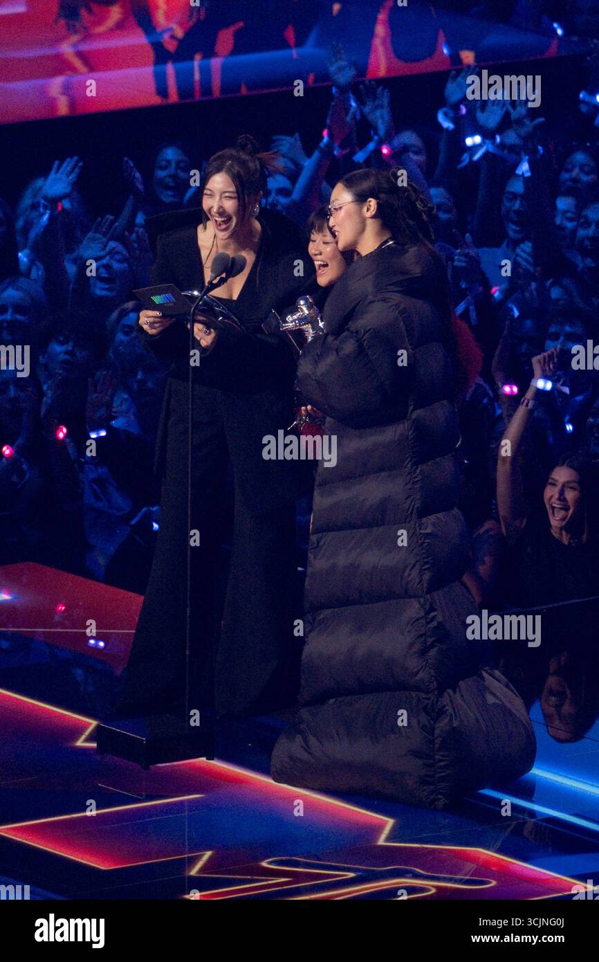 (L-R) EJAE, REI AMI and Audrey Nuna speak on stage during the 2025 MTV ...