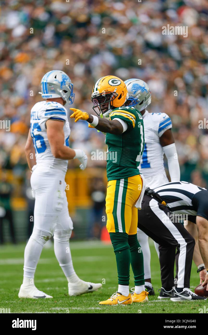 Green Bay Packers wide receiver Jayden Reed (11) points for a first ...