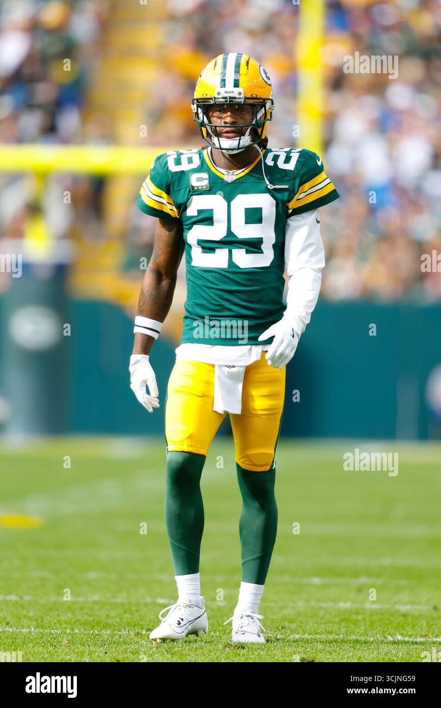 Green Bay Packers safety Xavier McKinney (29) lines up during a NFL football game against the ...