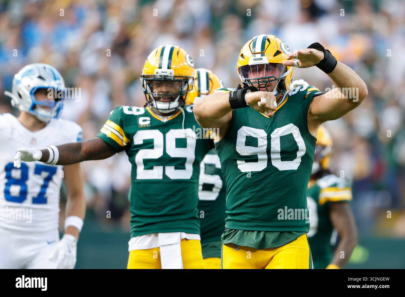 Green Bay Packers defensive end Lukas Van Ness (90) reacts during a NFL ...
