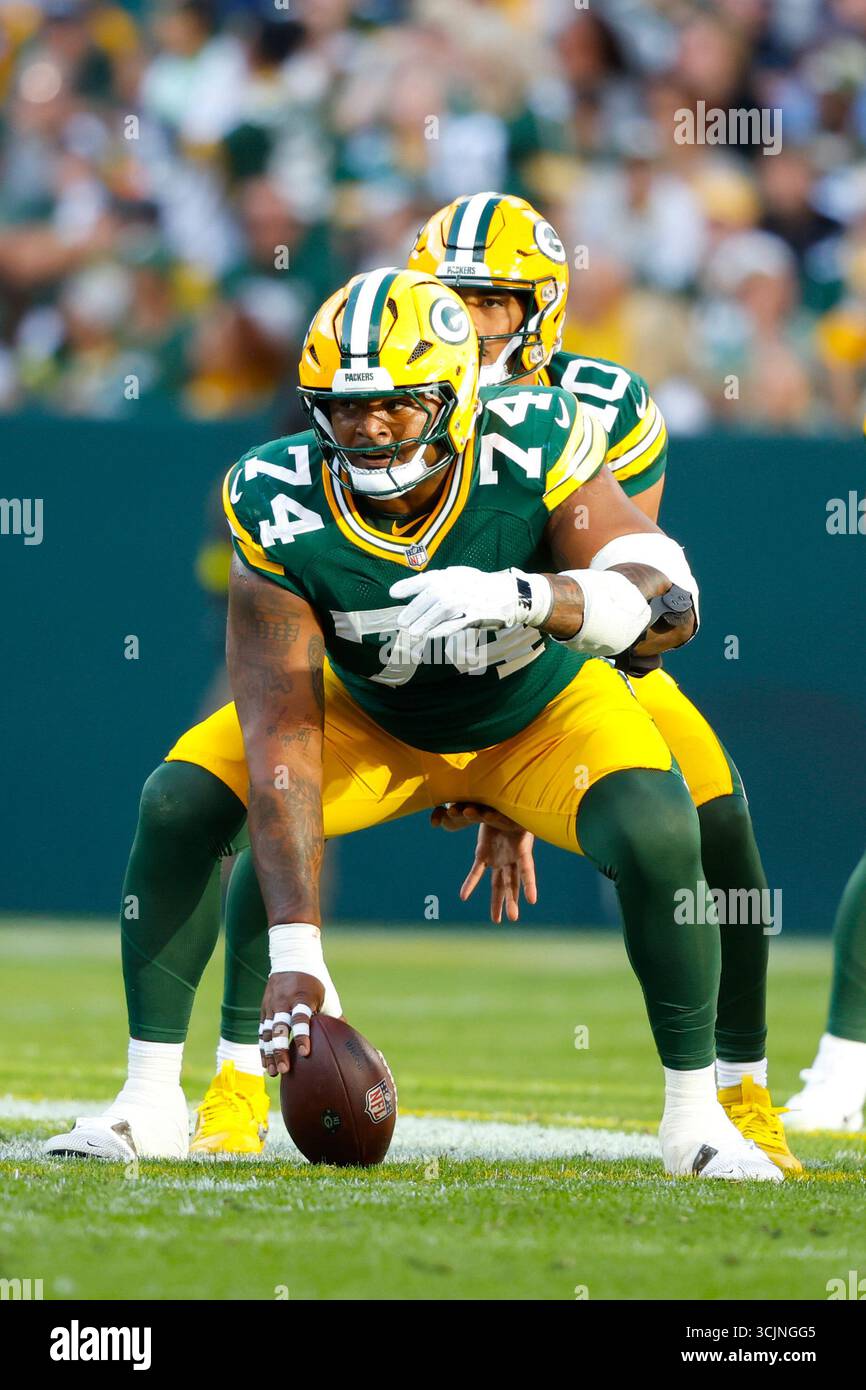 Green Bay Packers guard Elgton Jenkins (74) signals during a NFL ...