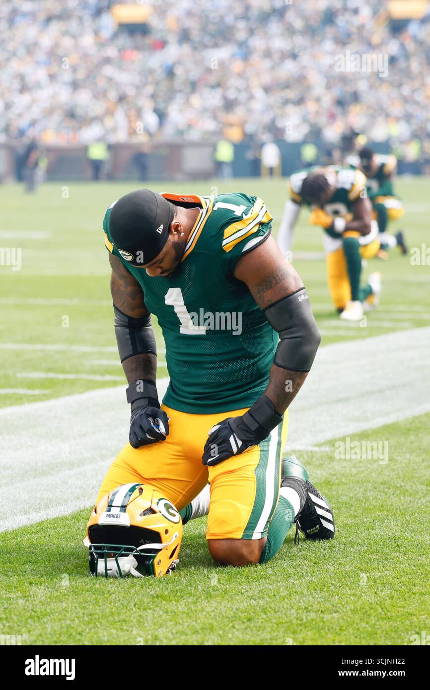 Green Bay Packers defensive end Micah Parsons (1) pauses on the field ...