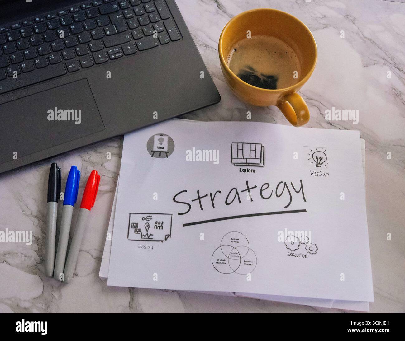 Strategy planning Implementation with laptop in desk with color pencils ...
