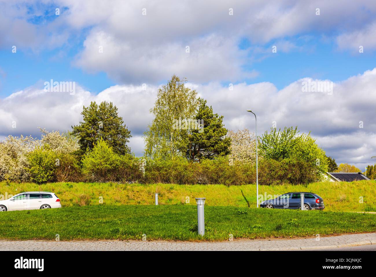 Roundabout with cars passing by green lawn and blooming spring trees ...