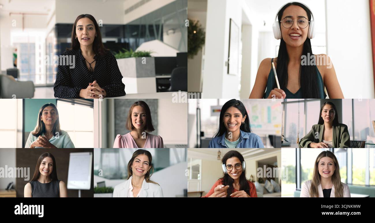 Different women speaking to camera, head shot collage view portrait ...