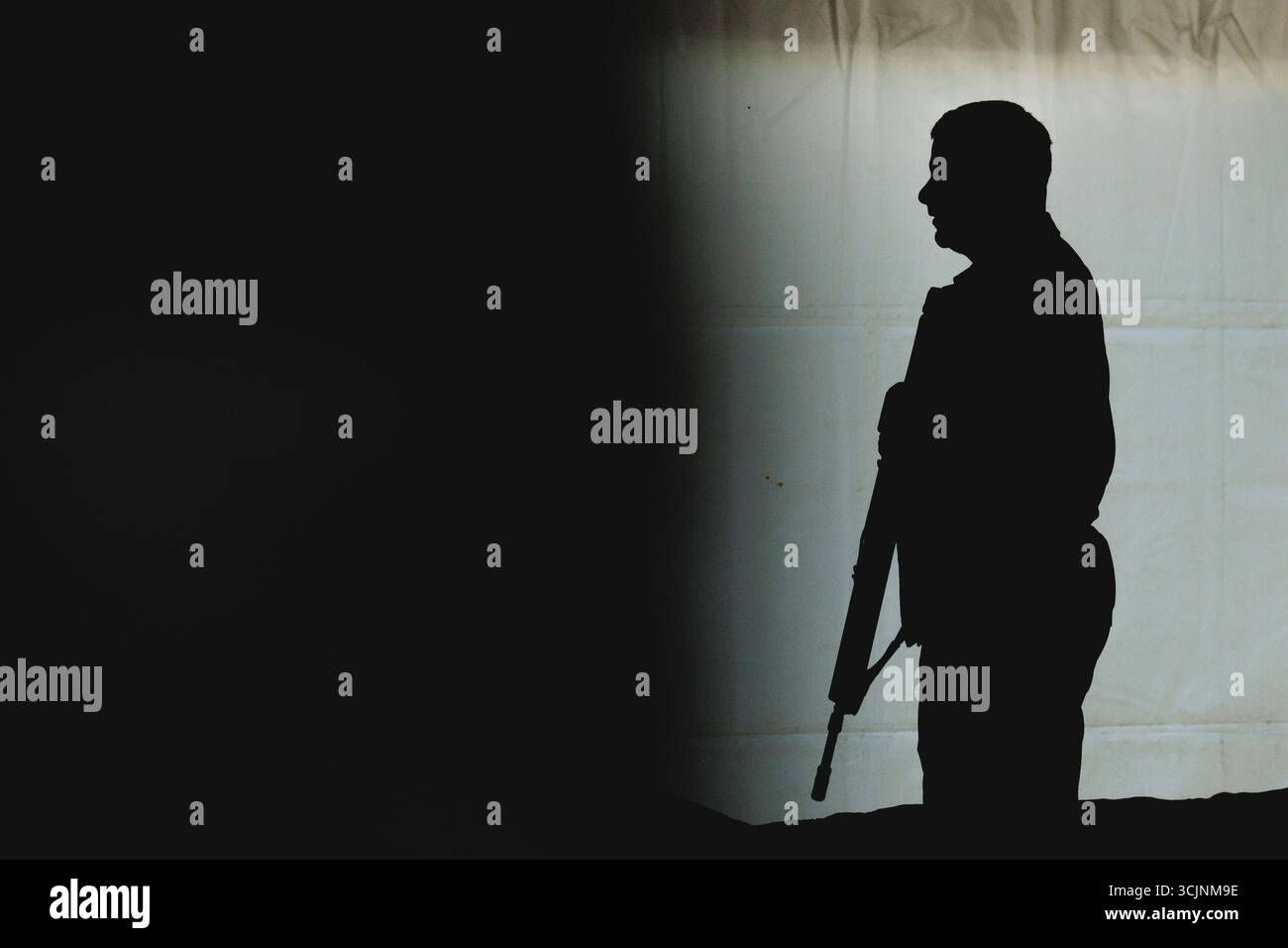 A soldier stands with a G36 rifle, photographed as a silhouette in the ...
