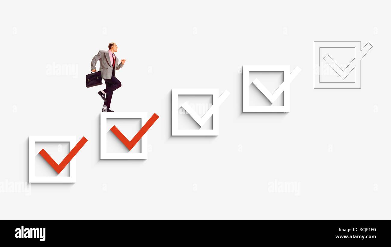 Poster with businessman stepping on checkmarks toward progress and ...