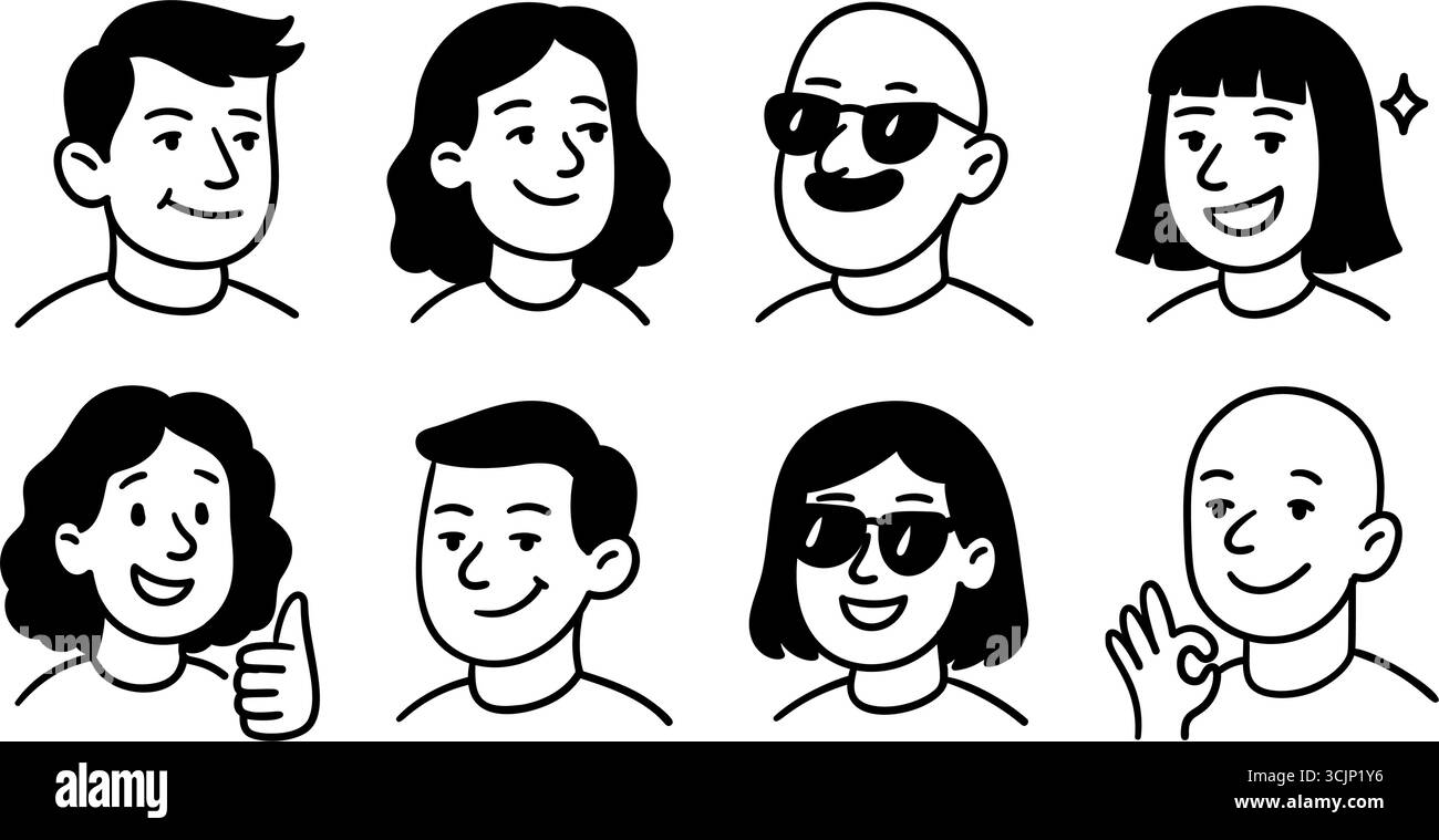 Black and white collection of multiple doodle portraits showing ...