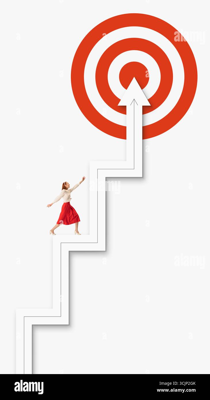 Bold poster. Woman climbing arrow staircase towards target symbol on ...