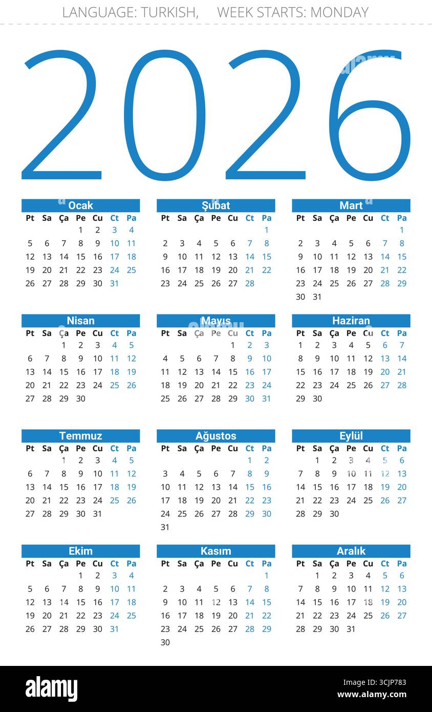 2026 year turkish annual calendar in blue. Vector illustration for ...