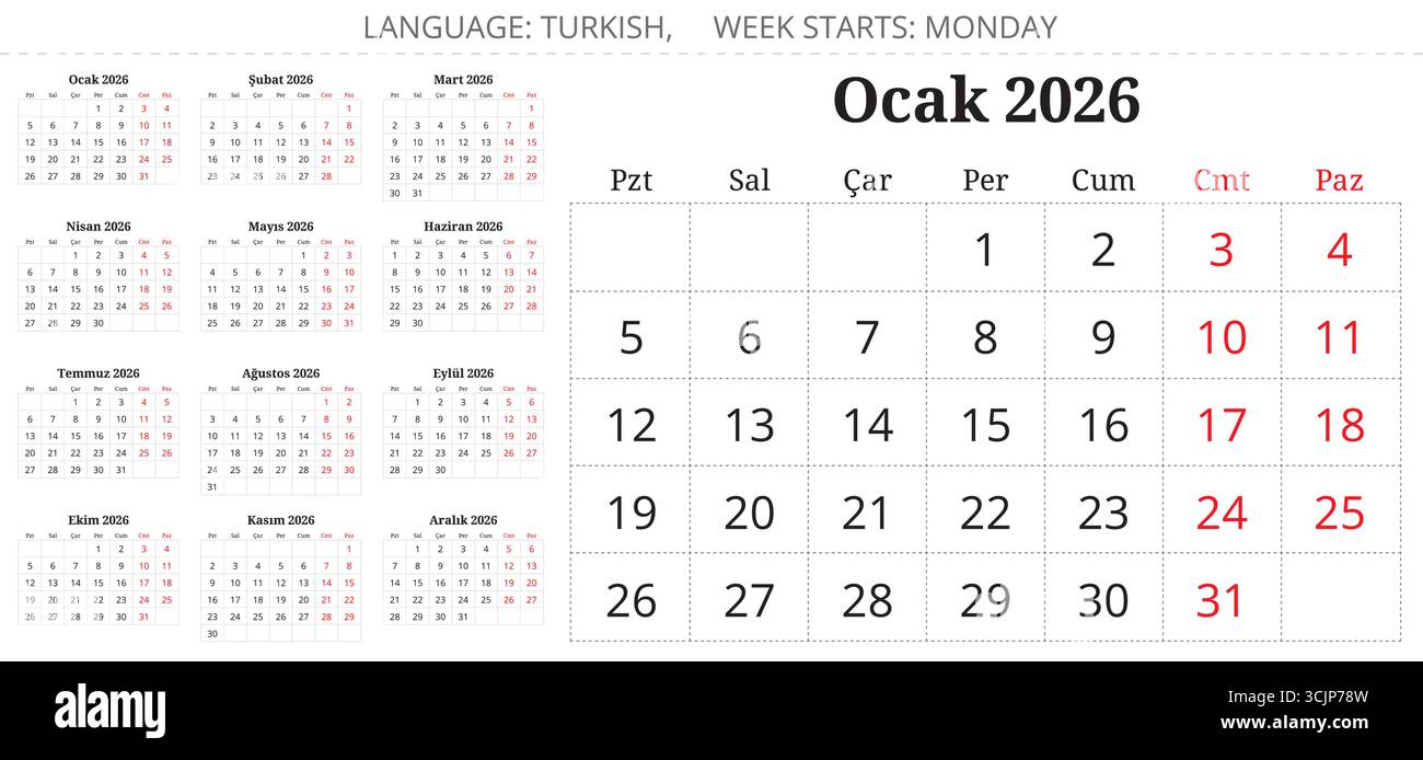 2026 year turkish planner calendar. Collection of 12 months. Vector ...