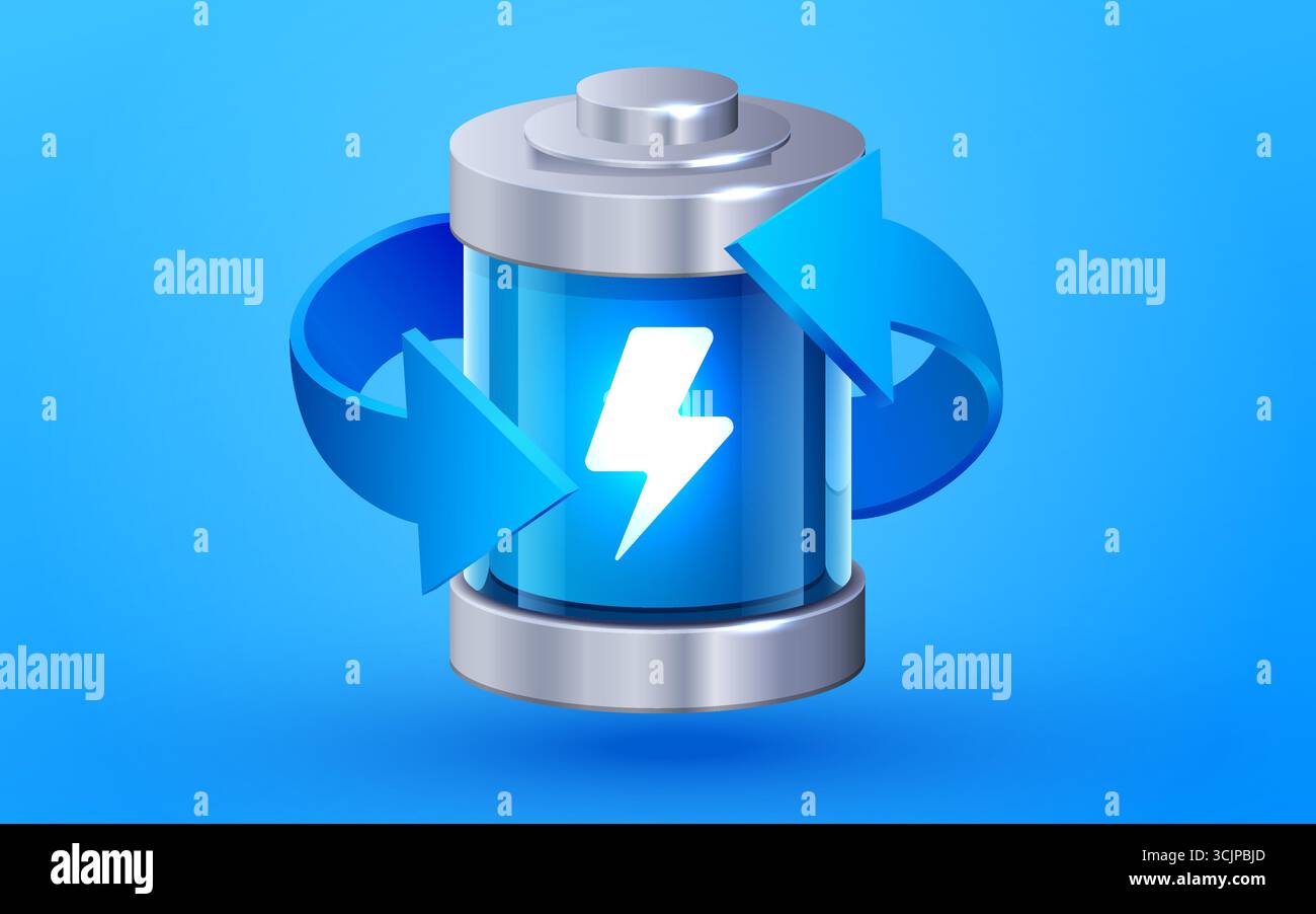 Full charged battery with arrows. Realistic glass power battery. Vector ...