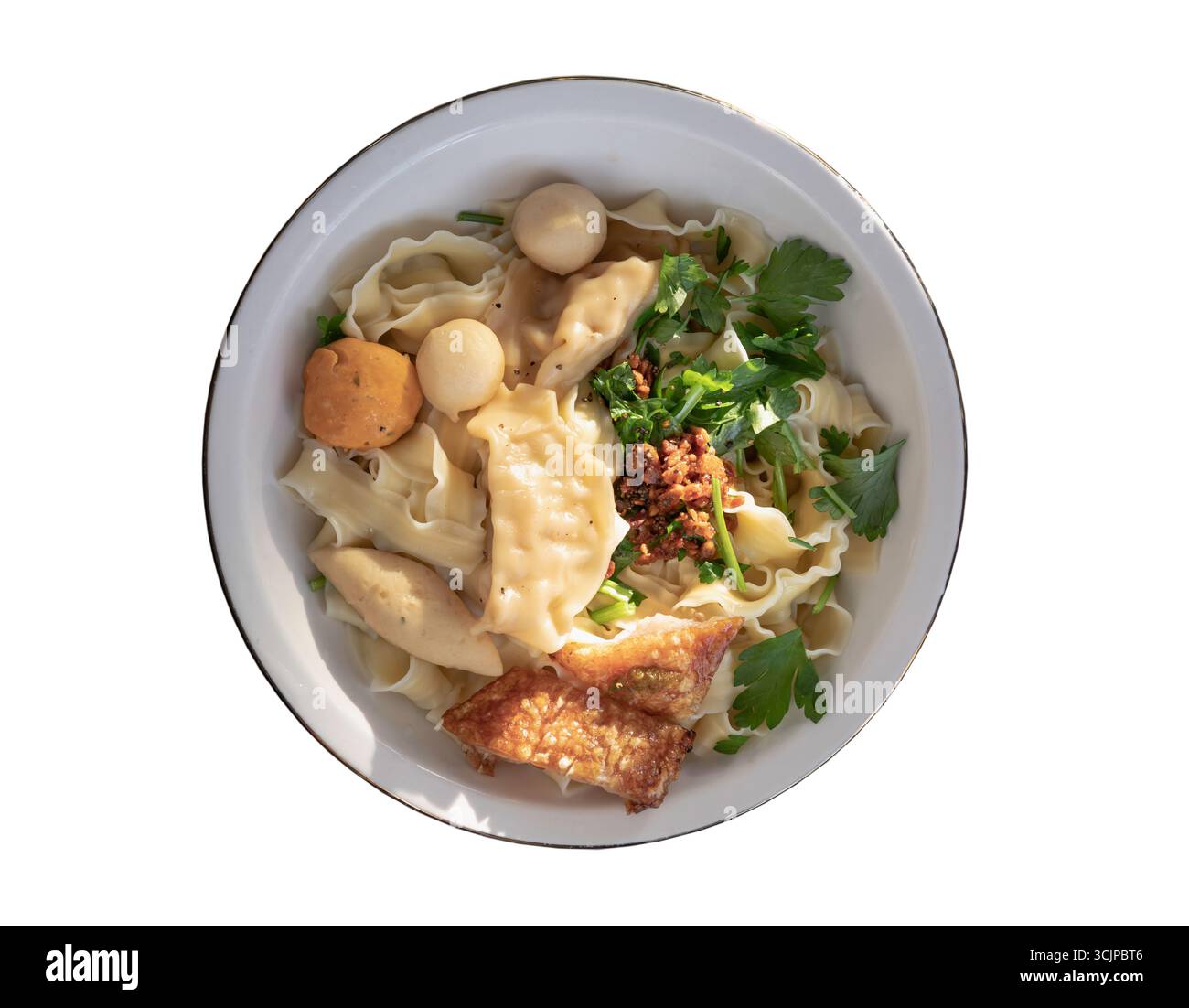 Homemade Flat egg noodles (Dried Mee Pok) served with Crispy pork belly ...