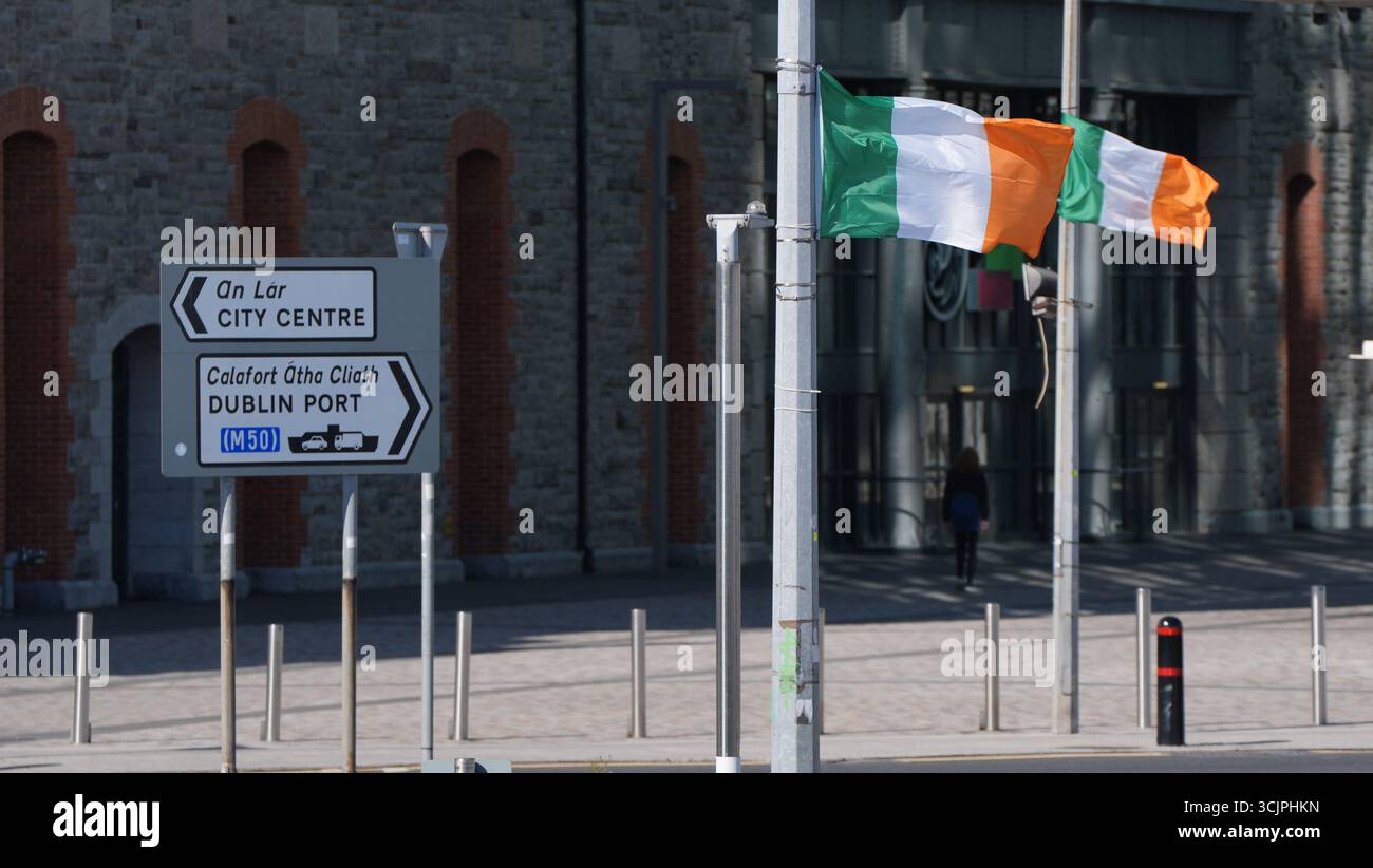 Irish tricolour flags, the national flag of Ireland, are flown near the ...
