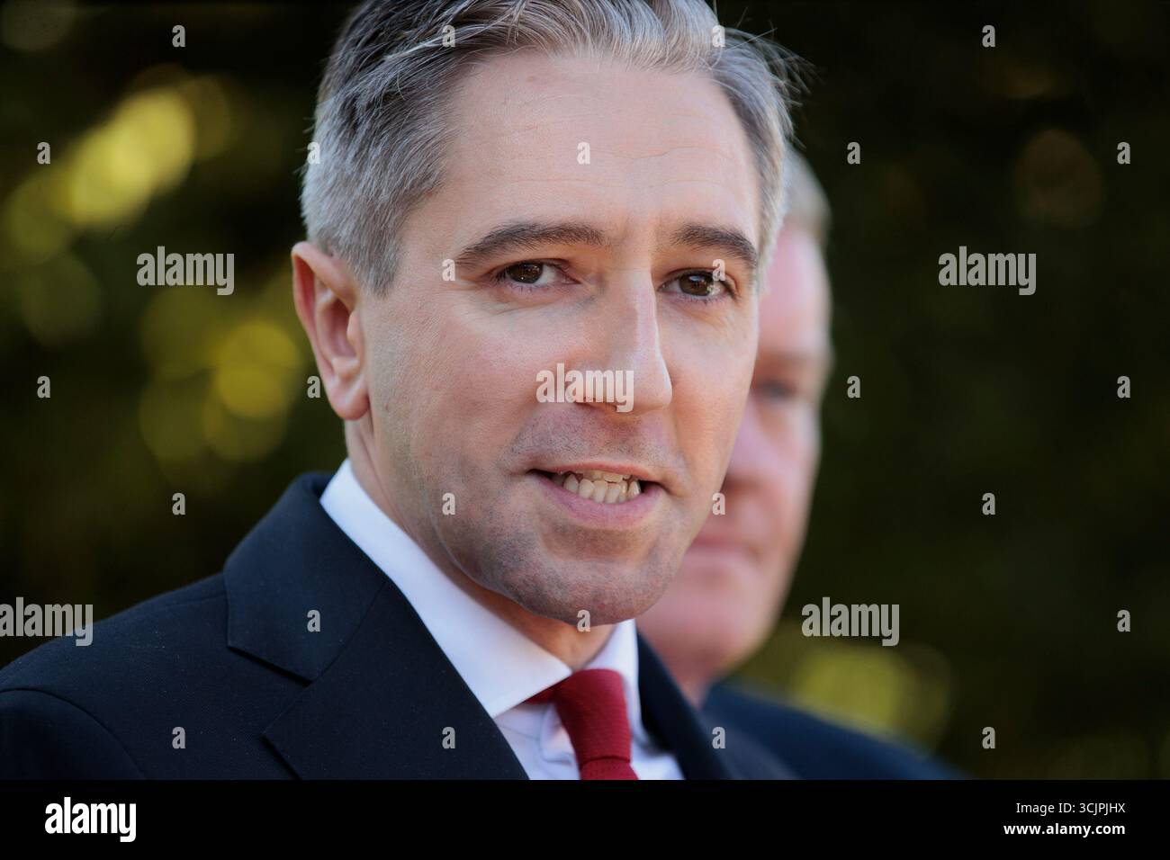 Tanaiste and party leader Simon Harris TD speaking to the media during ...