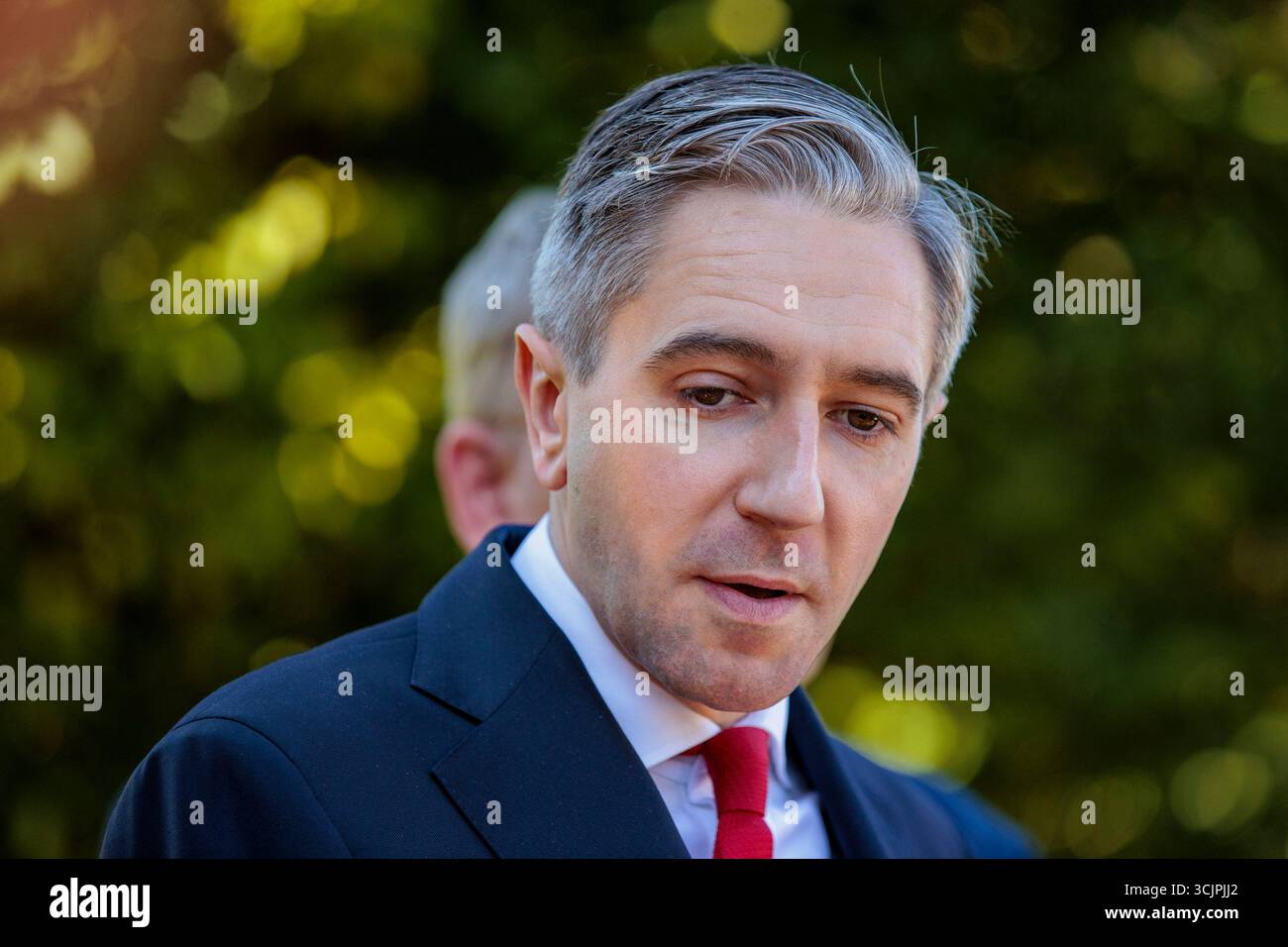 Tanaiste and party leader Simon Harris TD speaking to the media during a think-in at Mullingar ...