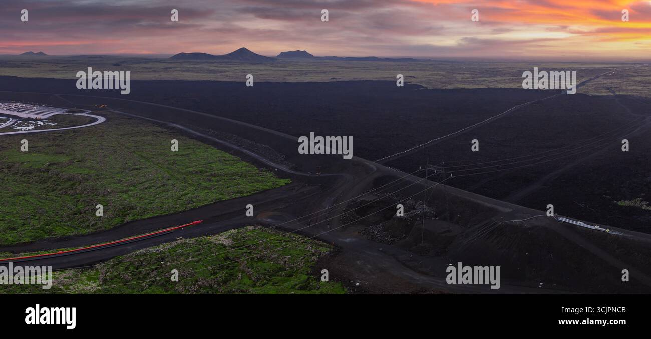 Aerial View of Lava Fields and Road in Volcanic Icelandic Landscape ...