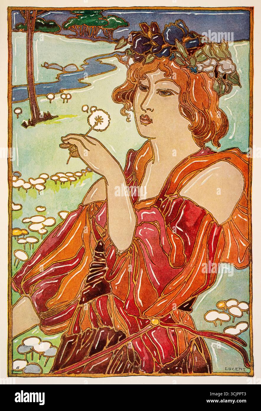women with dandelion in landscape, halftone screened reproduction of ...