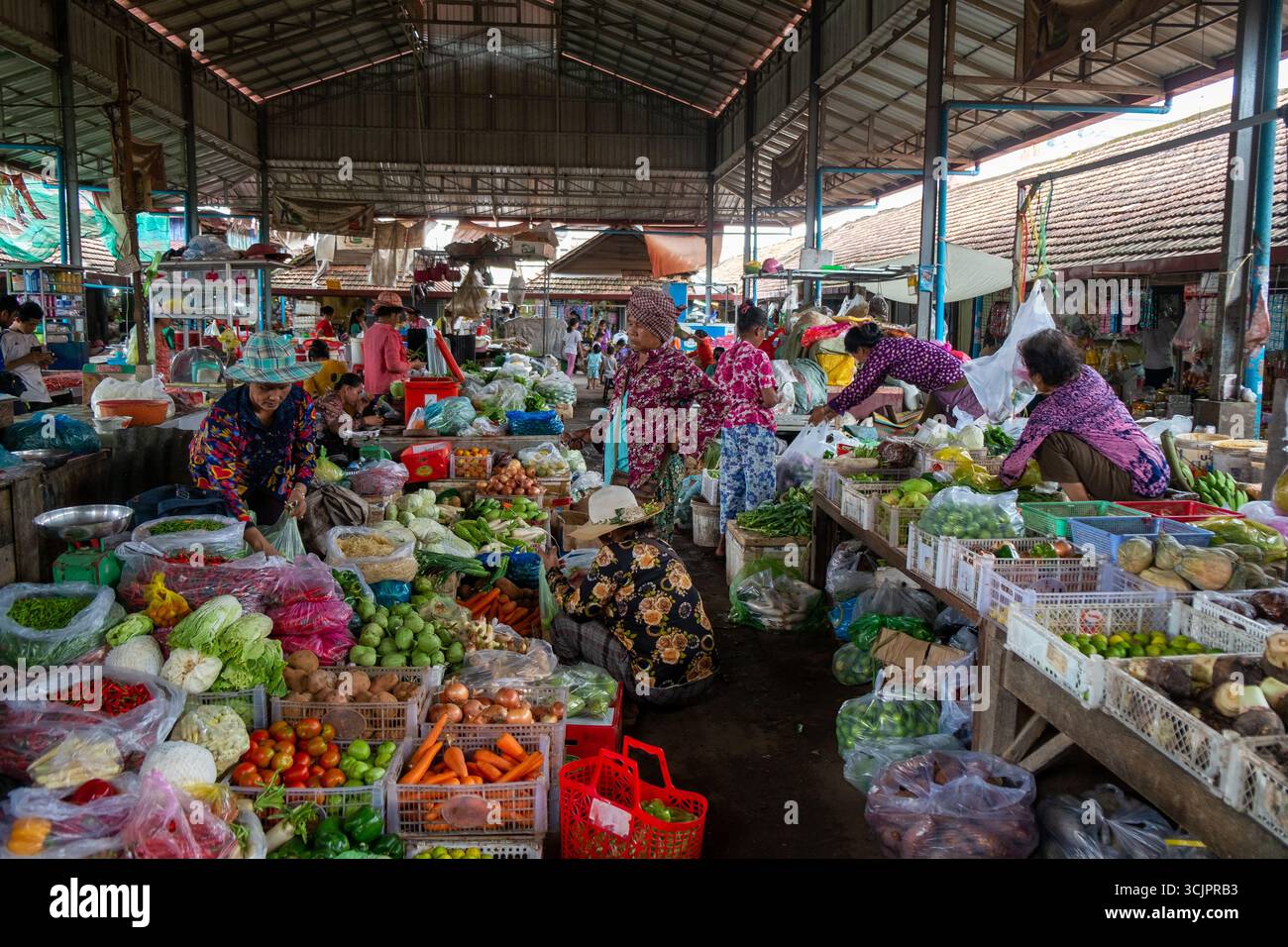 Local vendors sell fresh vegetables and meat inside a traditional ...