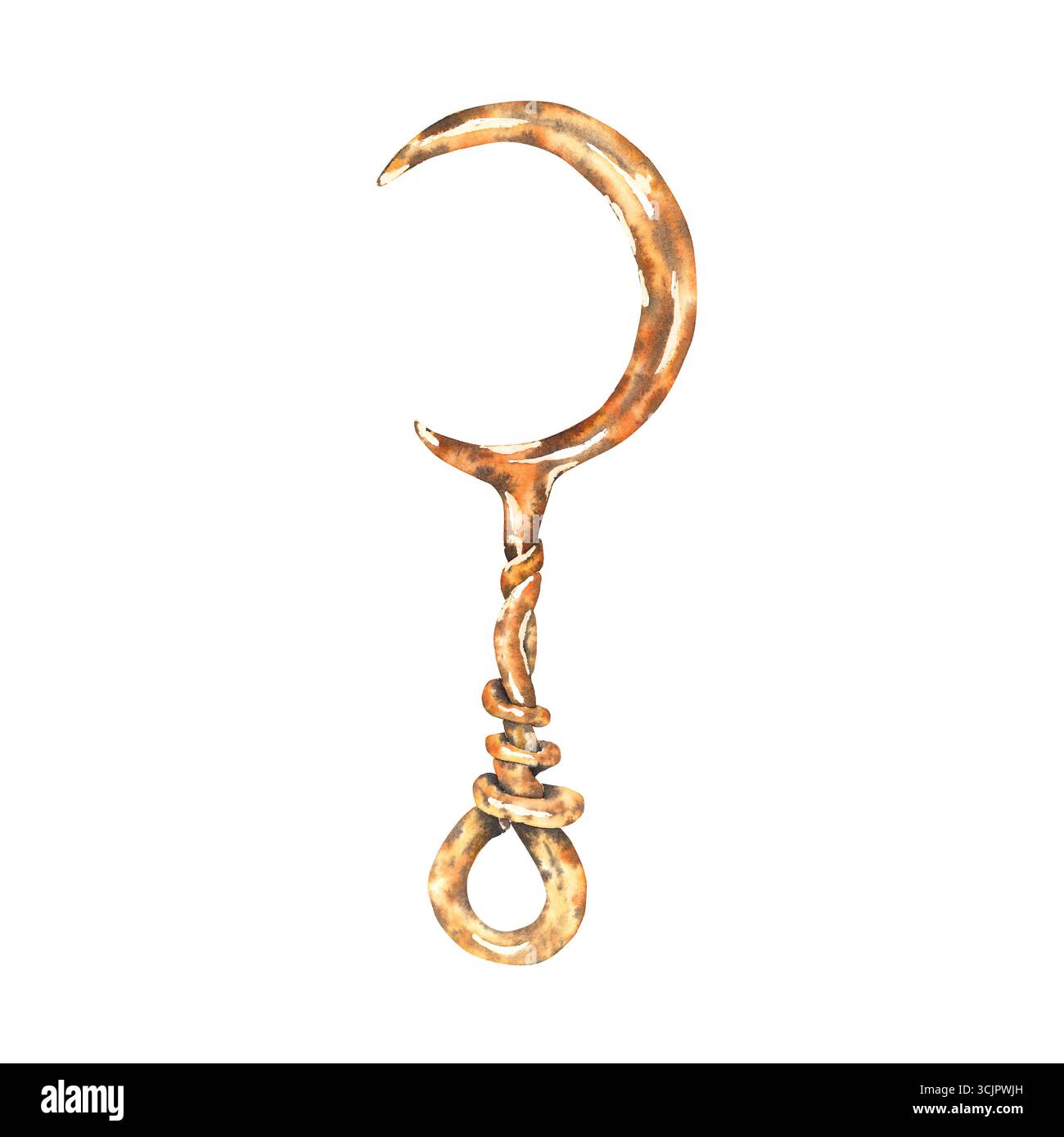 Watercolor illustration rustic, rusty crescent moon shaped sickle. For ...
