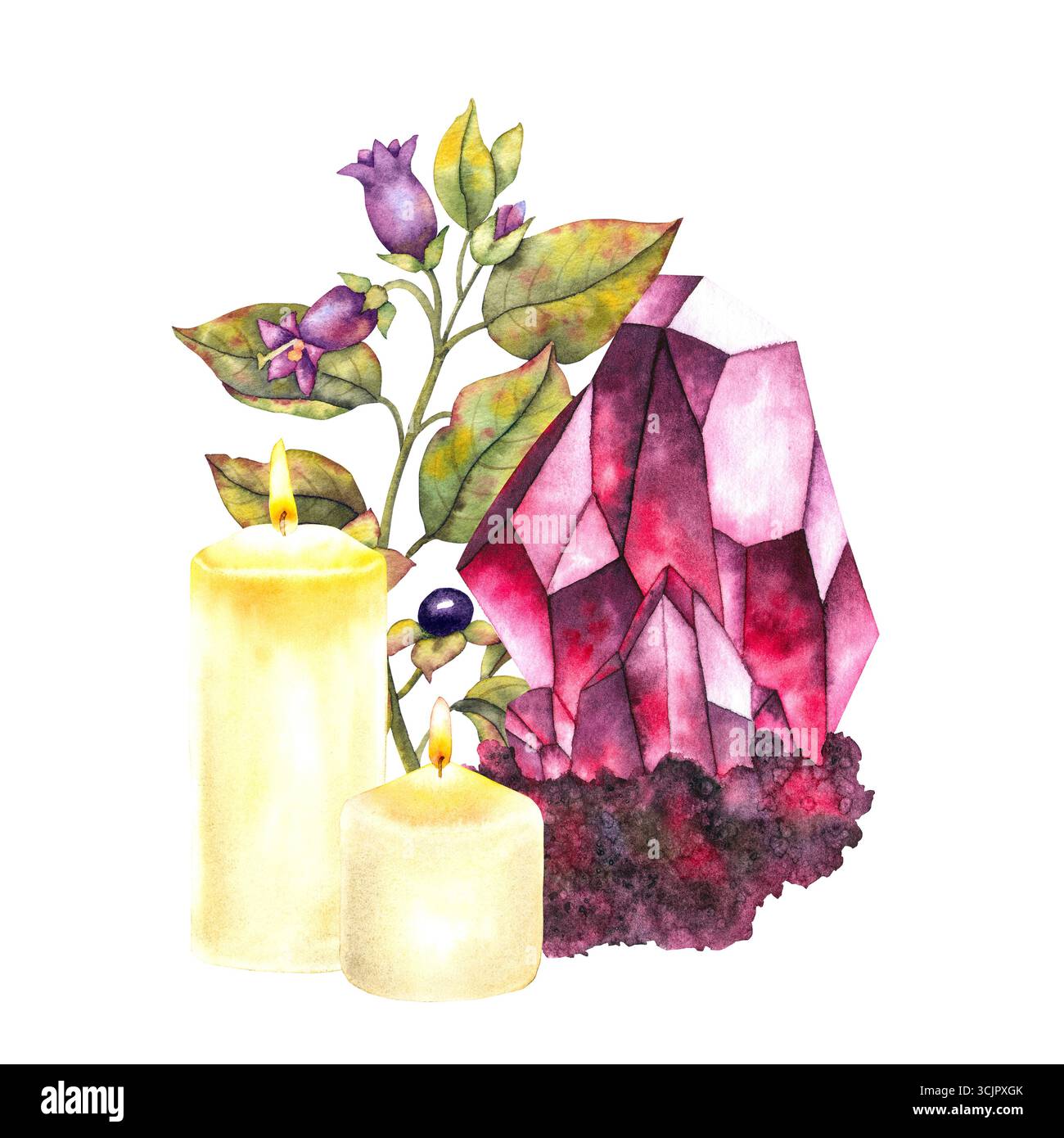 Watercolor illustration with glowing red ruby crystals burning candles ...