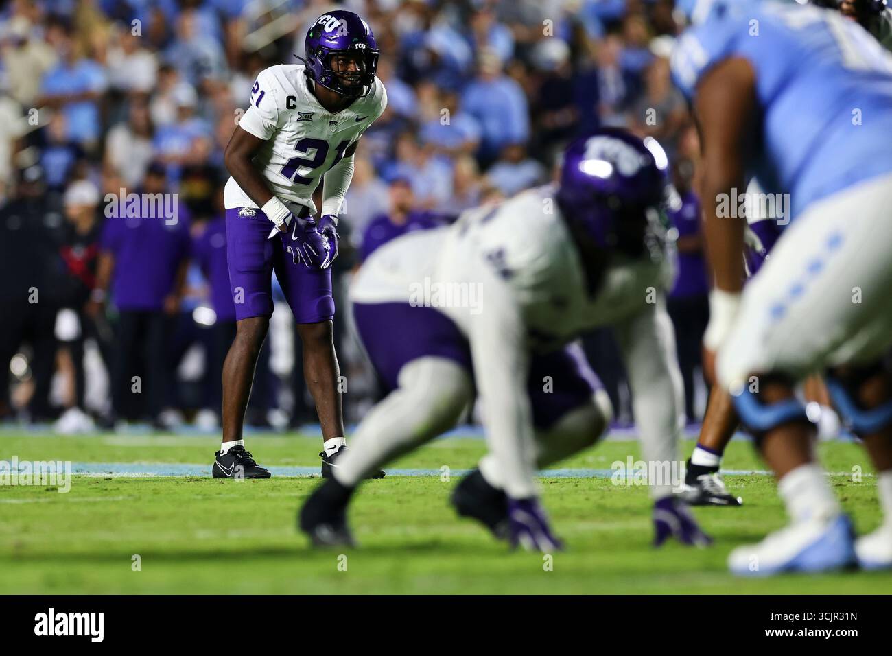 TCU safety Bud Clark (21) lines up in the secondary during an NCAA ...