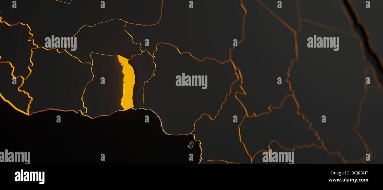 Golden Togo 3d map surrounded with other countries in black with golden ...