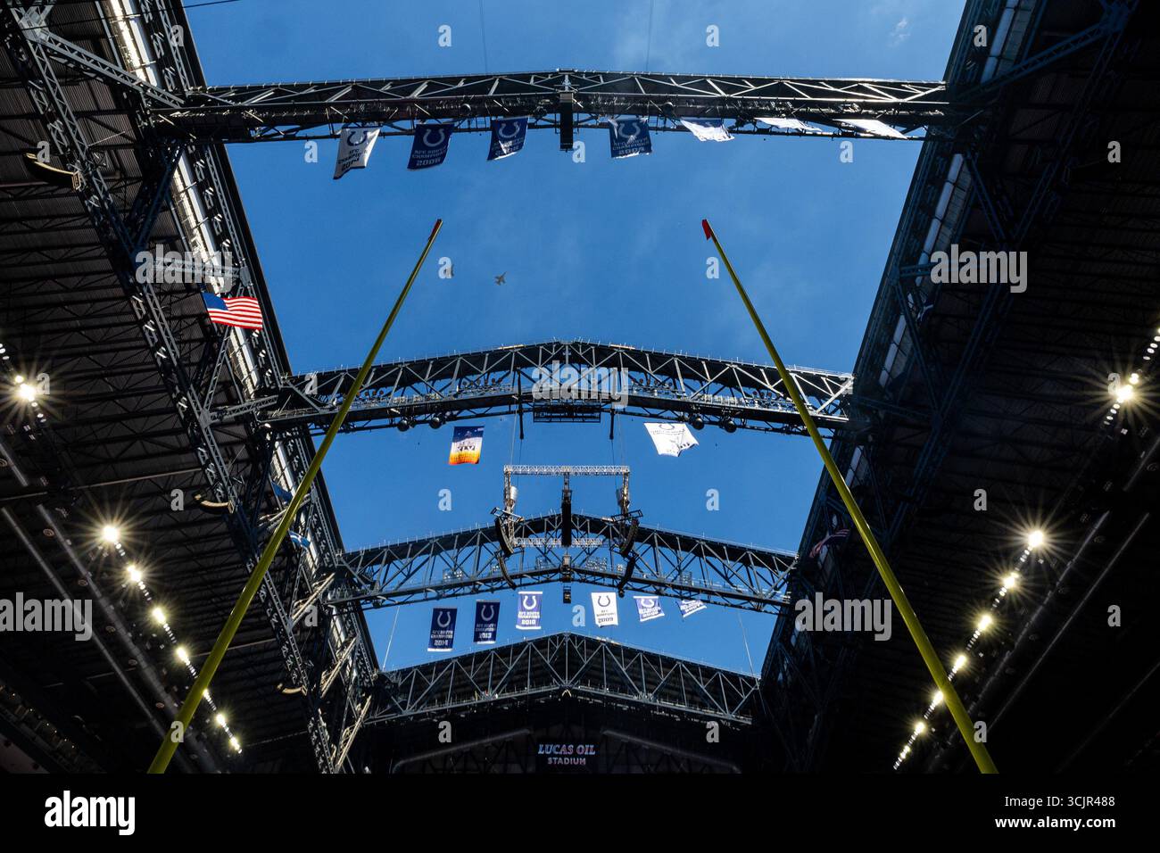 September 07, 2025: Jets flyover Lucas Oil Stadium after the National ...