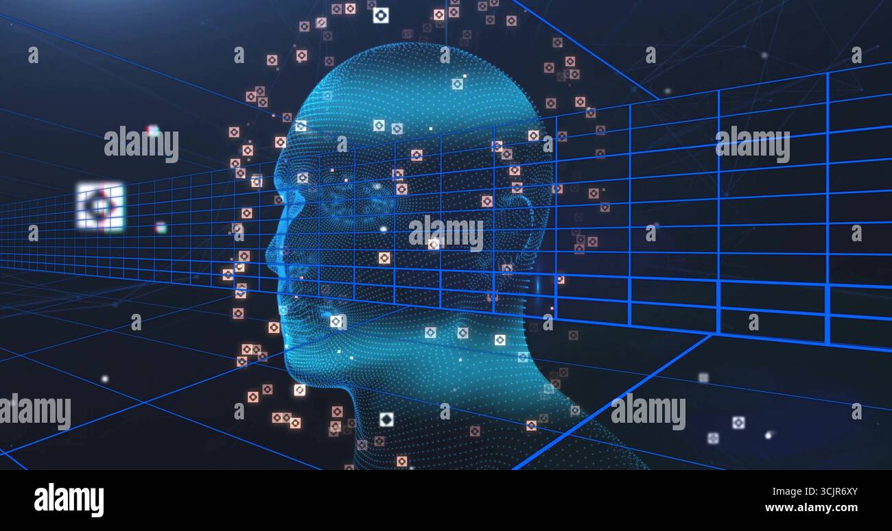 Digital mesh head glowing in virtual cyberspace, with floating square ...