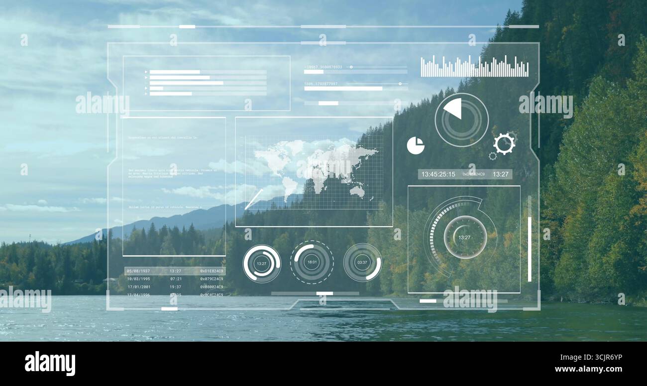 Displaying interface overlay over calm lake surrounded by hills, with ...