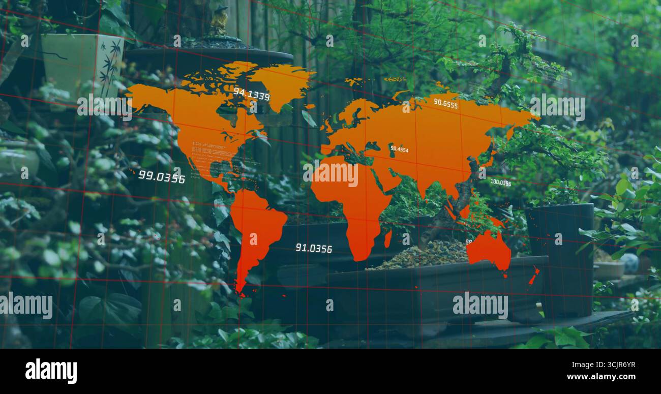 Displaying translucent orange world map overlay across greenhouse plant ...