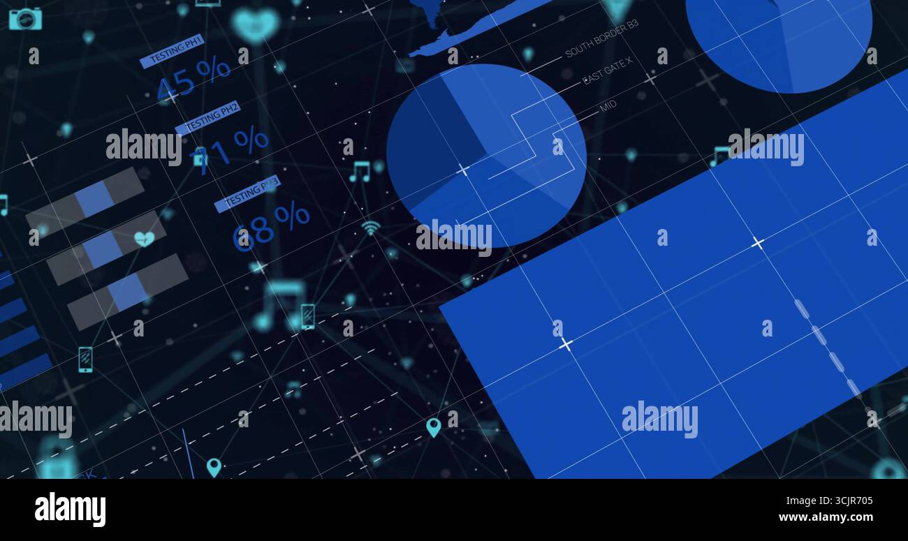 Rendering interface in dark grid, showing blue charts, blue block, 45% ...