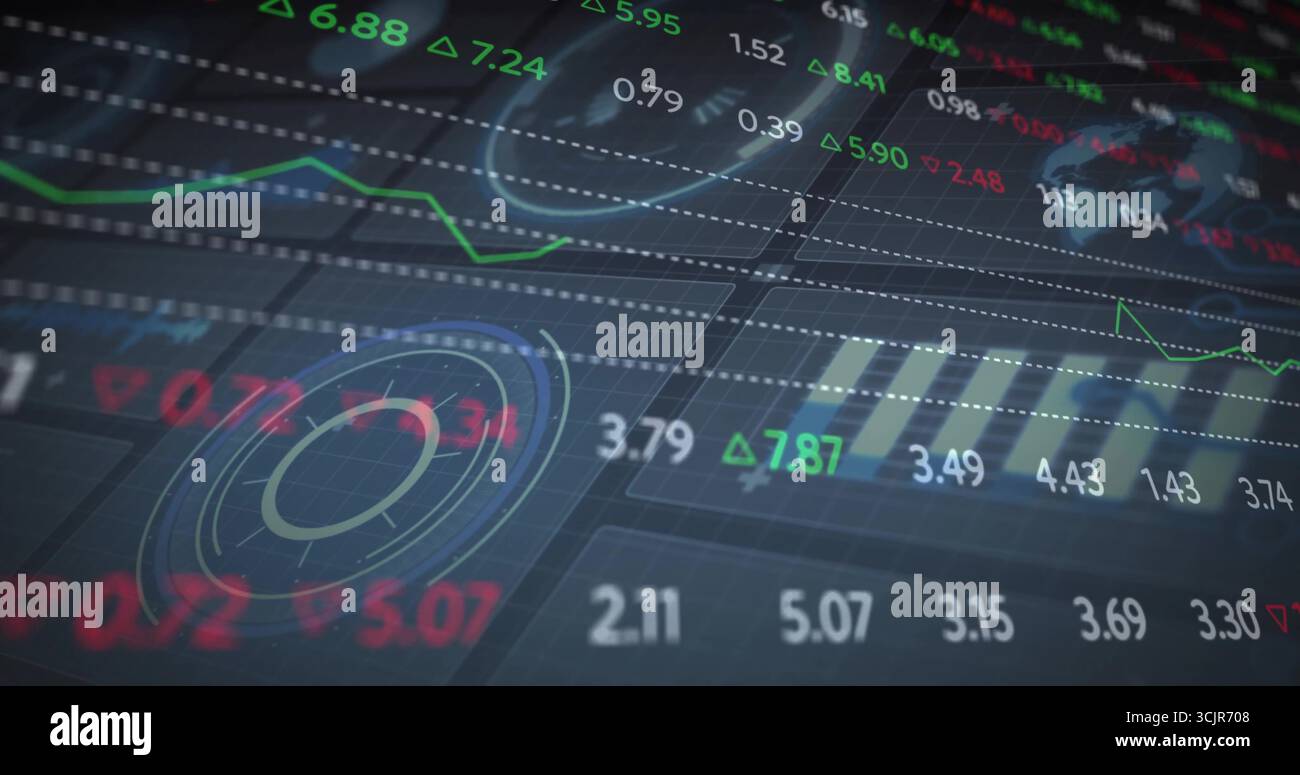Showing financial dashboard on trading screen, with line graphs, radar ...