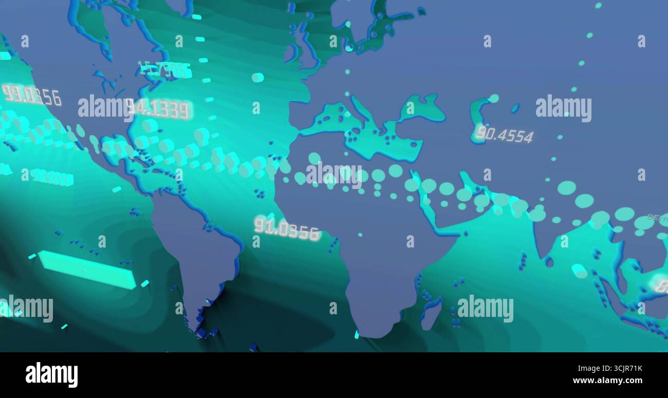 Showing digital world map floating over gradient with data lines, bar ...