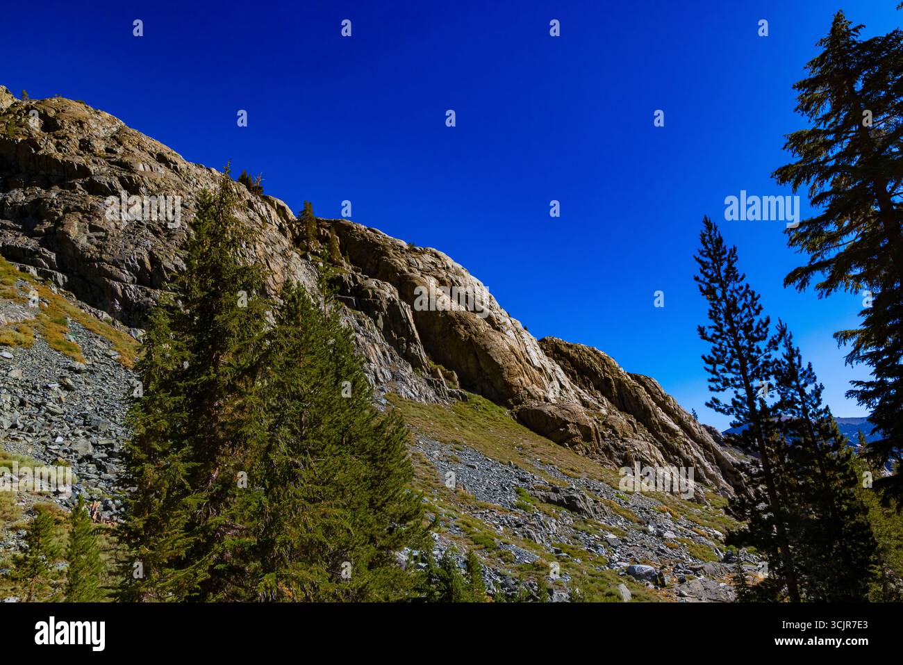 Stone outcrops smoothed by passage of a glacier long ago, along Ediza ...