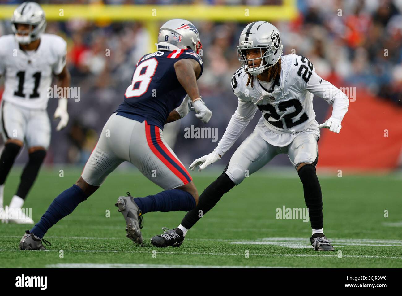 Las Vegas Raiders cornerback Eric Stokes (22) covers New England Patriots wide receiver Stefon ...