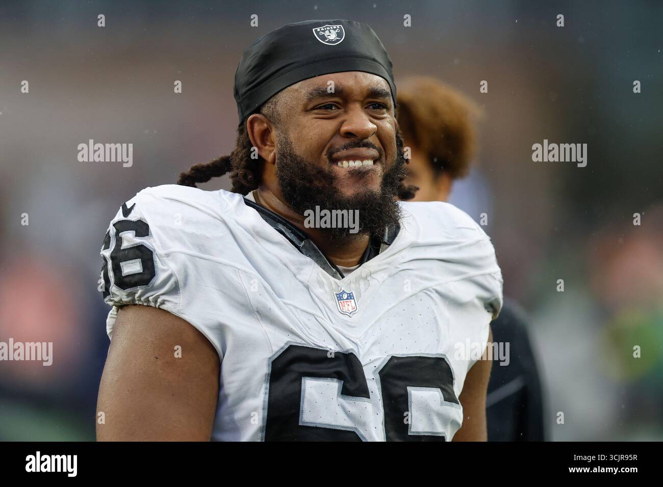 Las Vegas Raiders guard Dylan Parham (66) reacts following an NFL ...