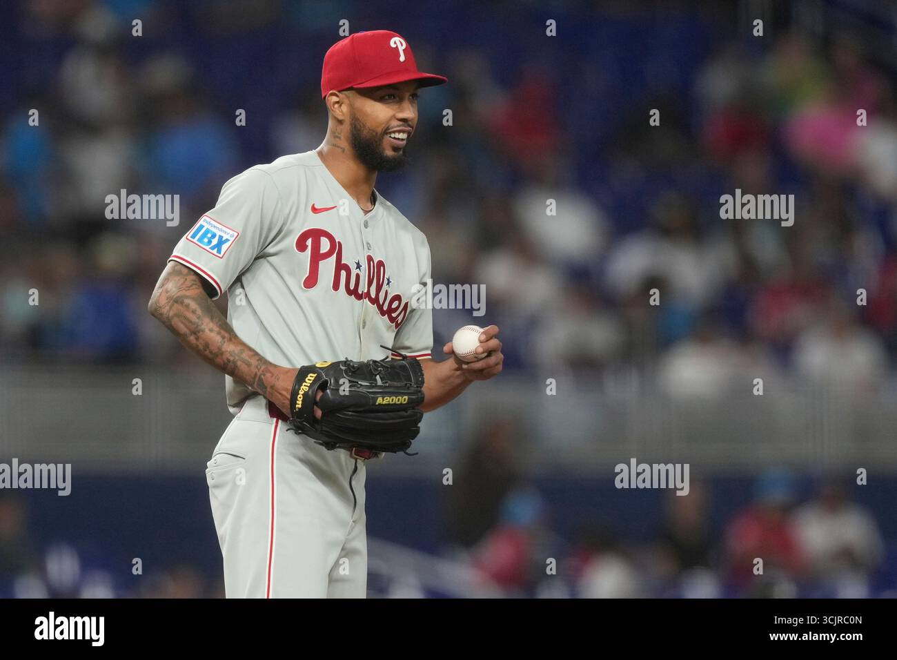 Philadelphia Phillies pitcher Cristopher Sánchez smiles on the mound ...
